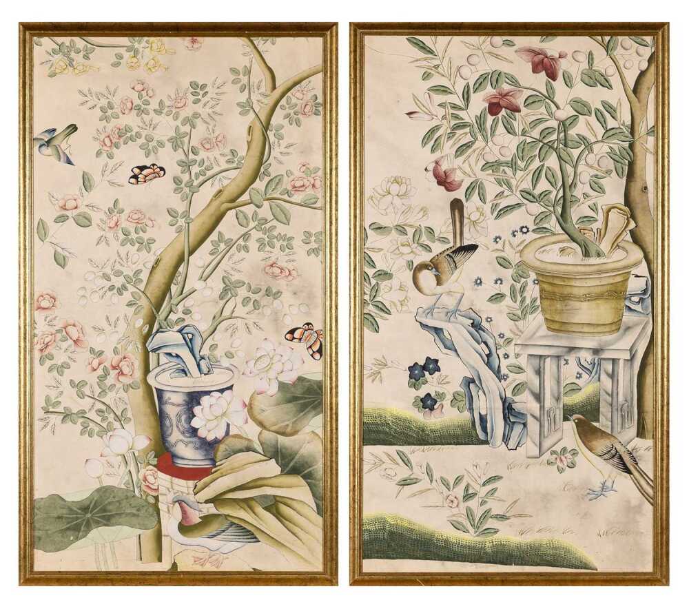 Pair of Chinese Painted Wall Paper Panels